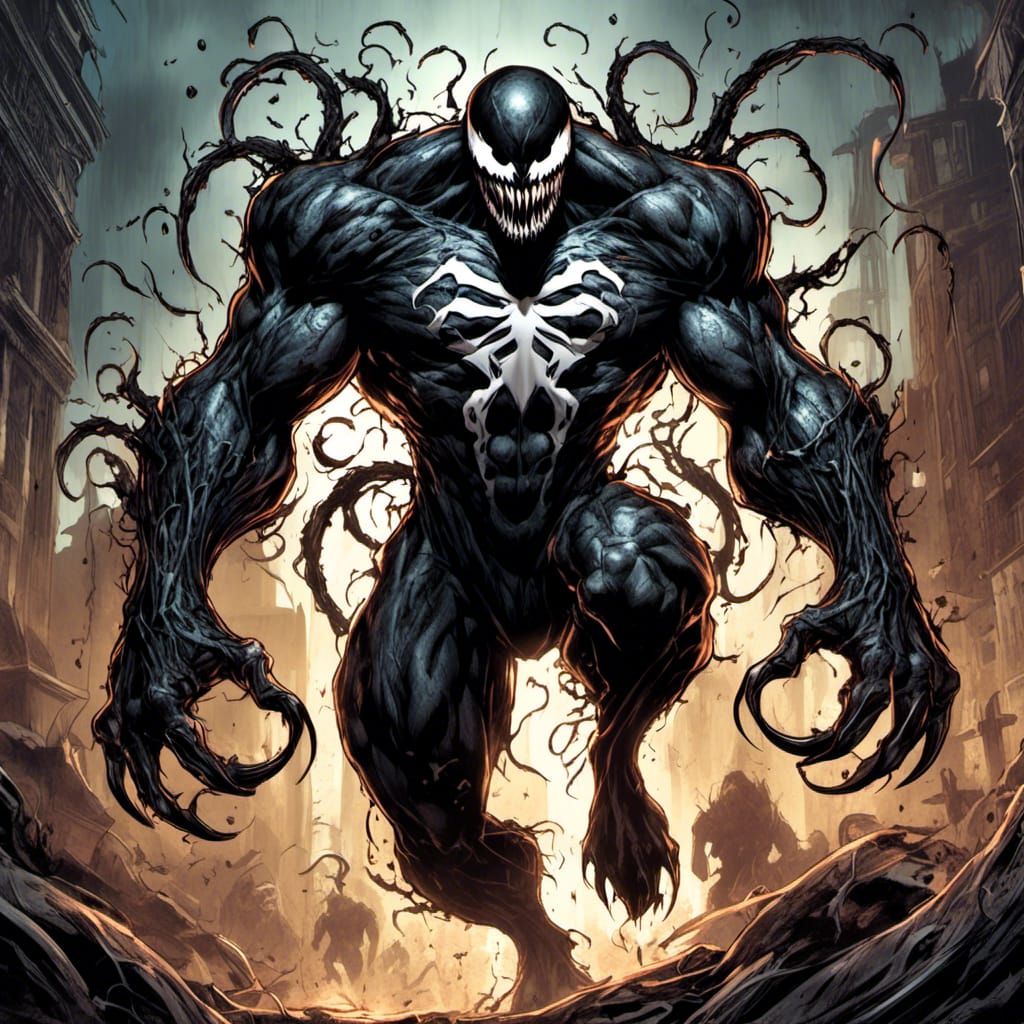 A full body action pose comic book drawing of Venom made by the artist ...