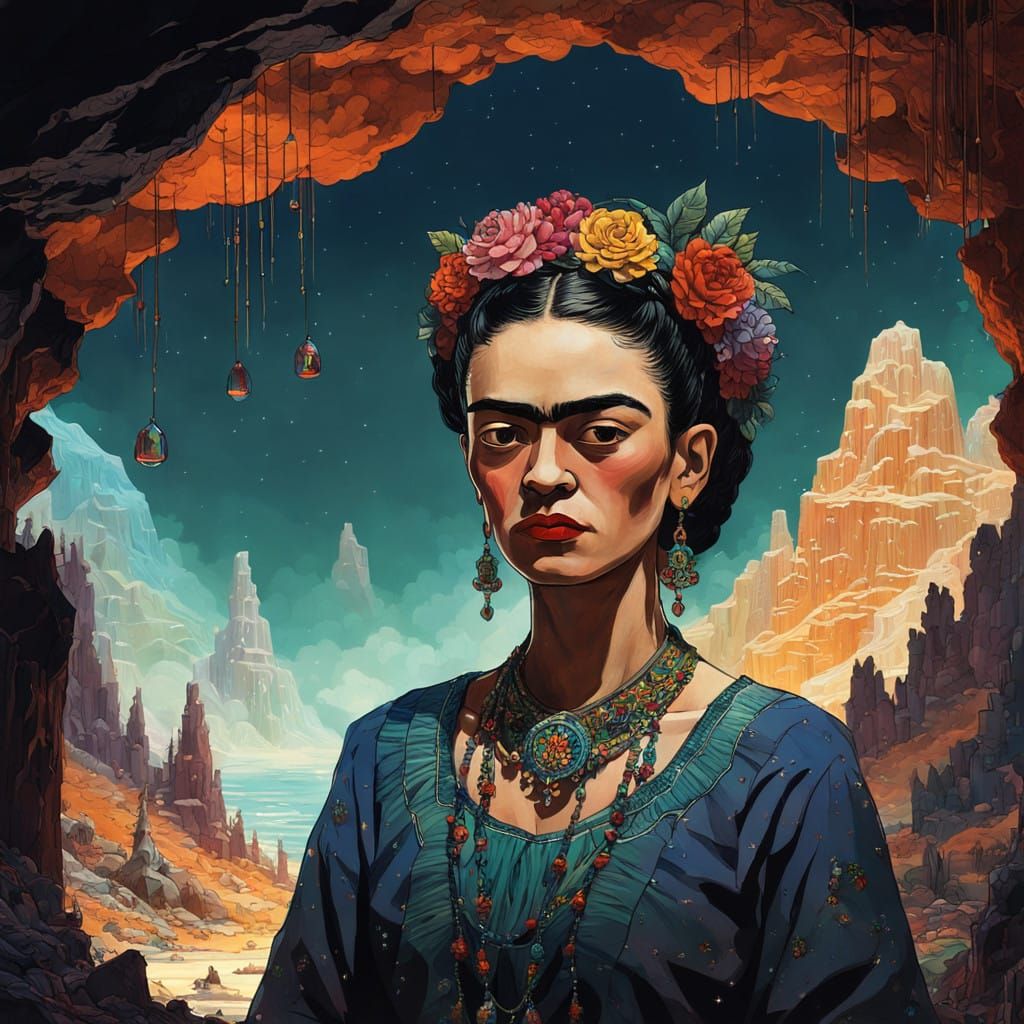 Frida Kahlo in a Crystal Cave Scene - AI Art