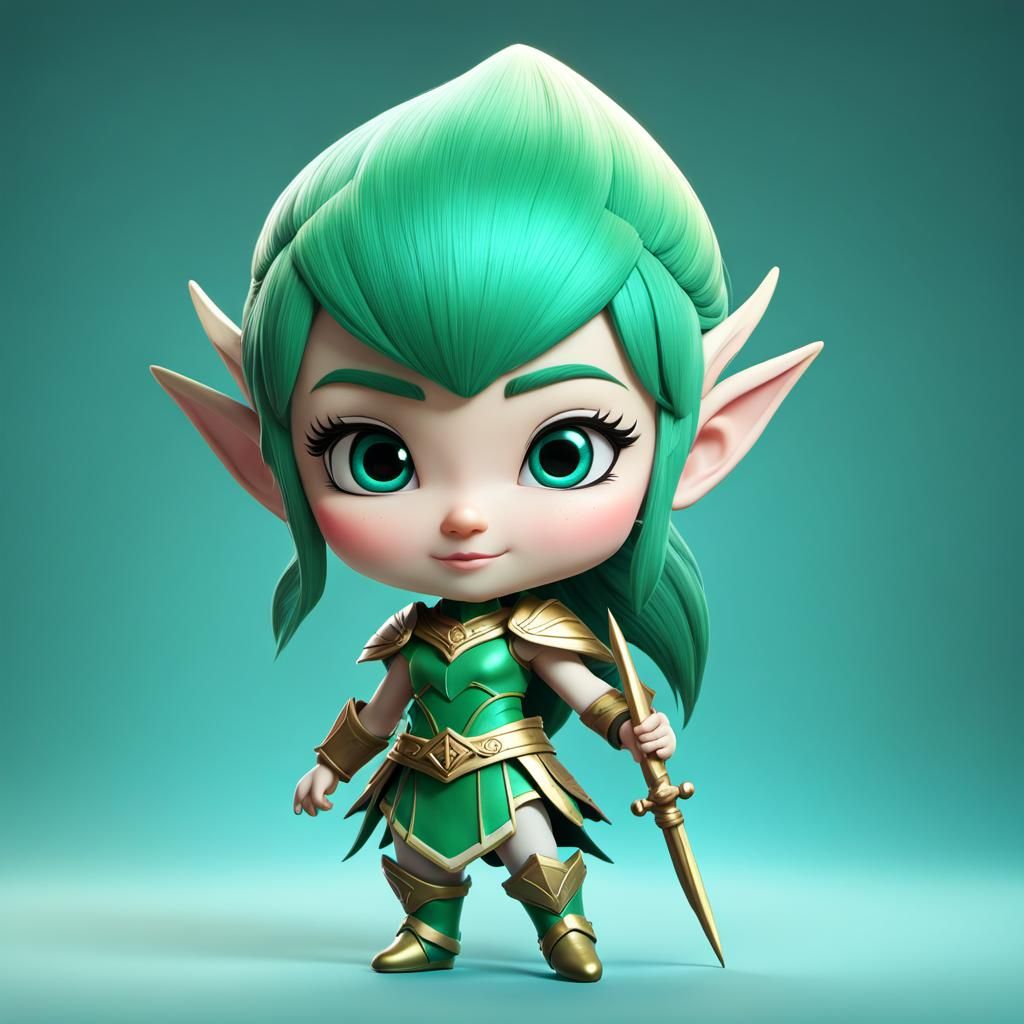 Hyperrealistic beautiful chibi elf woman wearing warrior garb, full ...