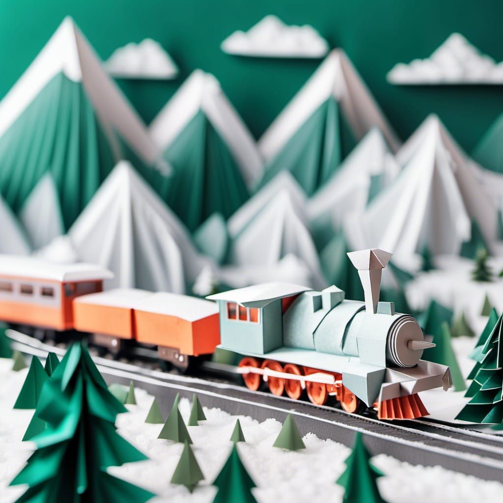 Origami train going through snow capped mountains with fir trees - AI ...