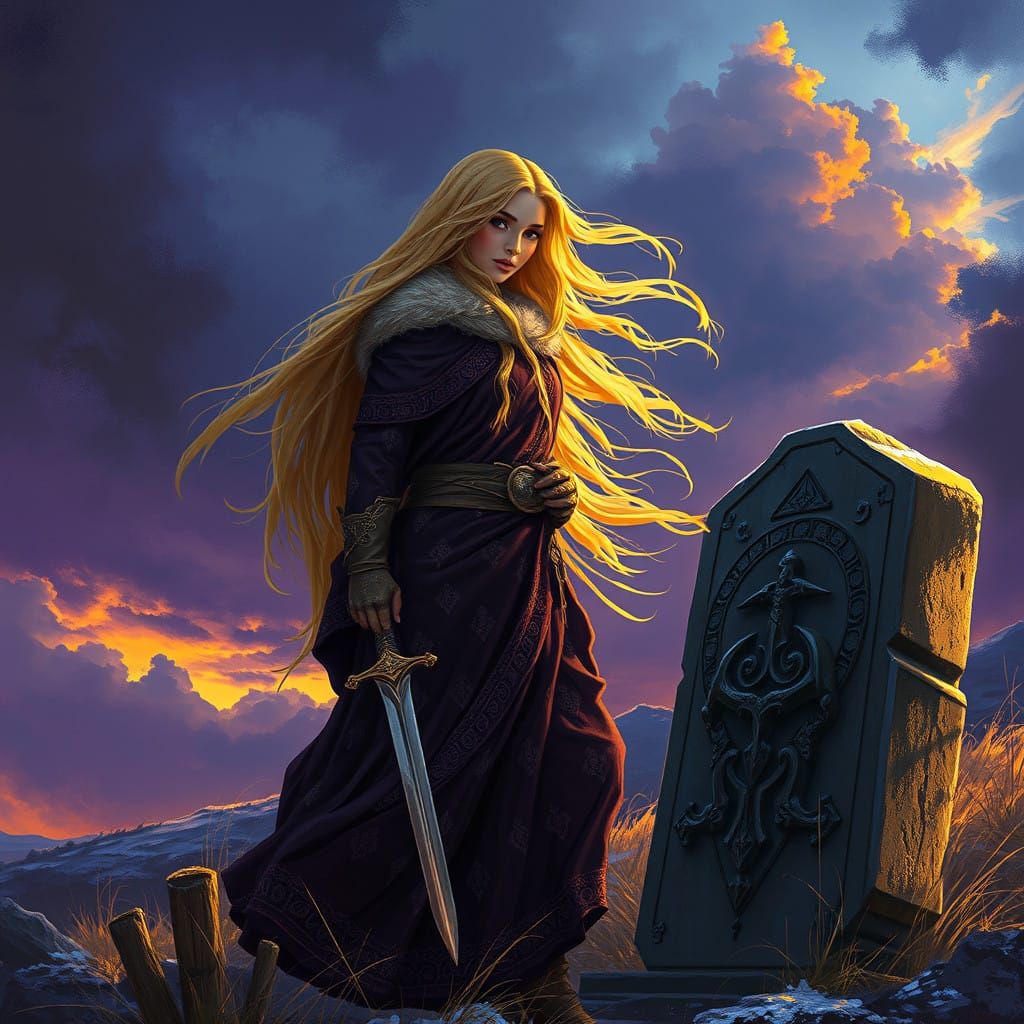 Gothic Valkyrie Protects Ancient Runestone in Stor... - AI Art