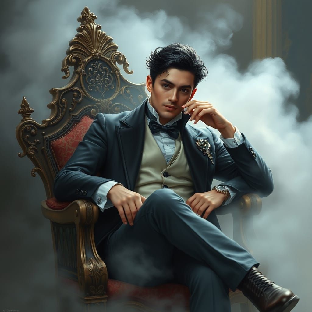 Ethereal Man on Ornate Chair in Fantasy Realism - AI Art