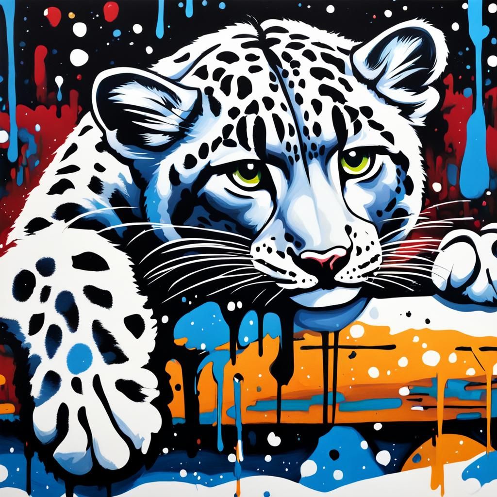 snow leopard drip style graffiti style oil gouache drip bold lounging ...