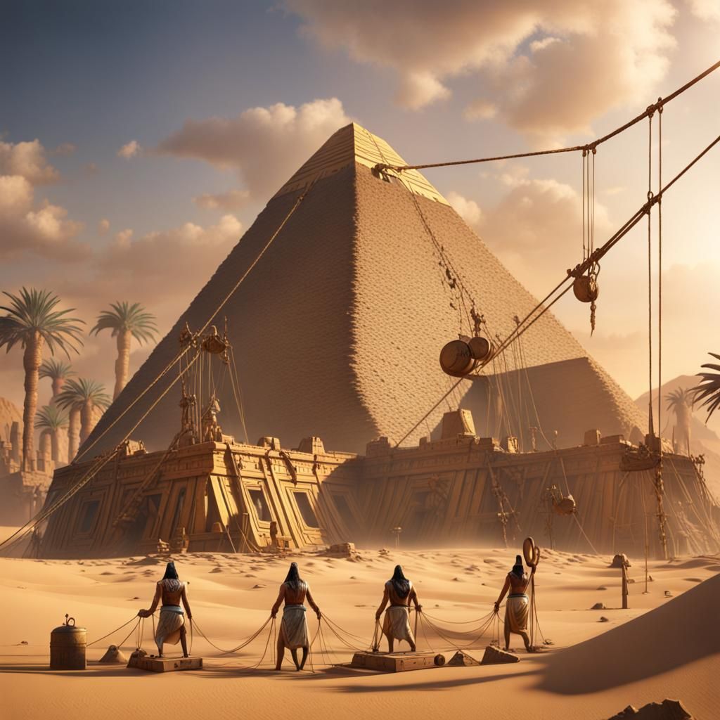 Ancient Egyptians building pyramids using wooden pulleys and rollers ...
