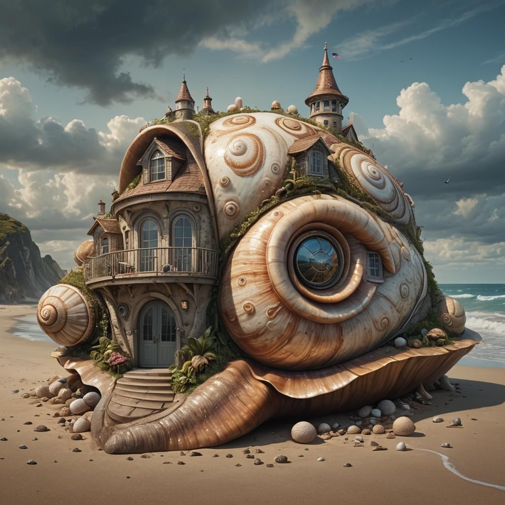 House on a seashore made from one gigantic snail shell. Fun, whimsical ...