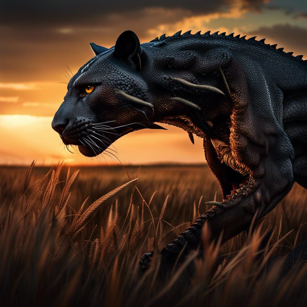 A panther-like dragon stalks an overgrrown prairie at sundown - AI ...