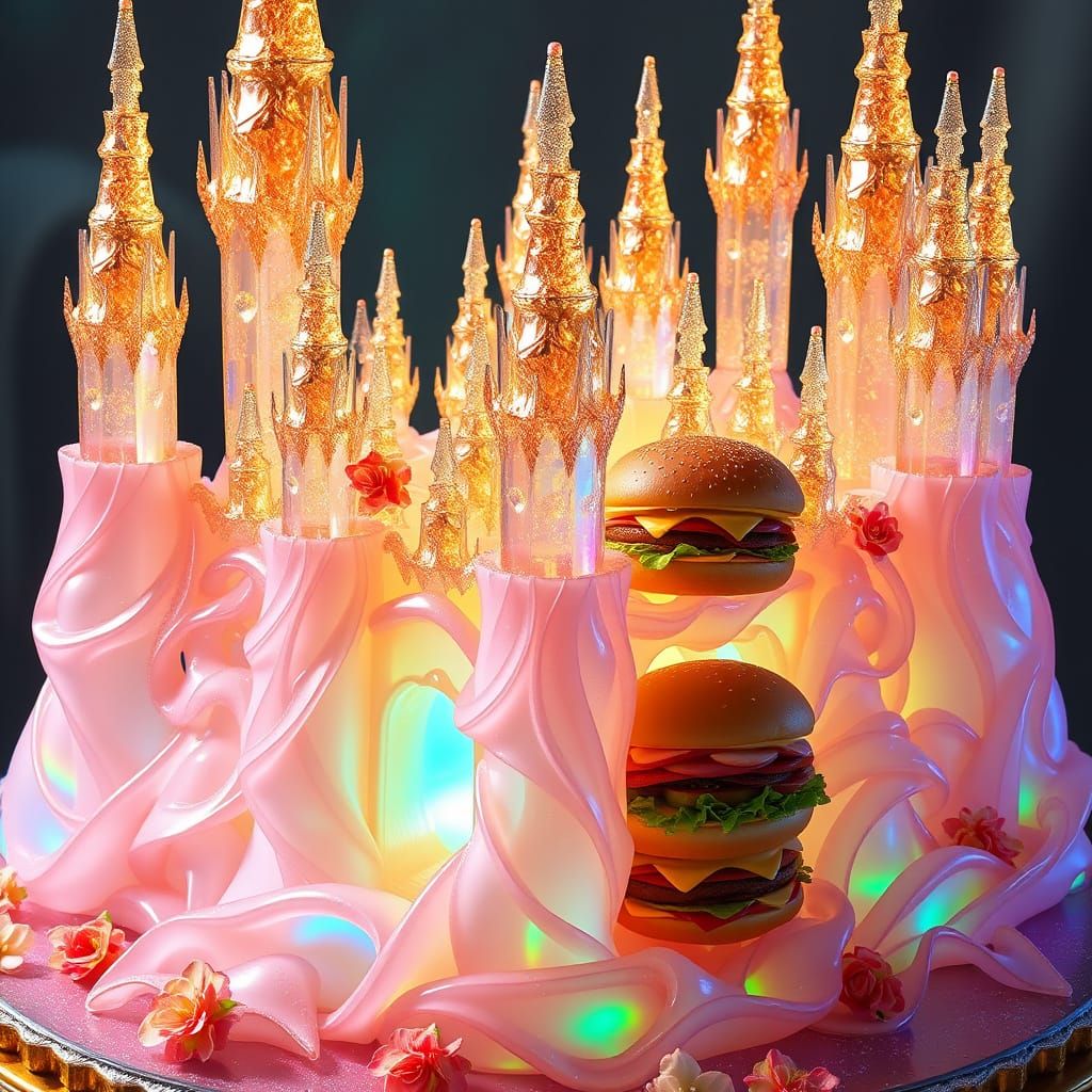 Iridescent Gelatin Castle with Golden Turrets and ... - AI Art