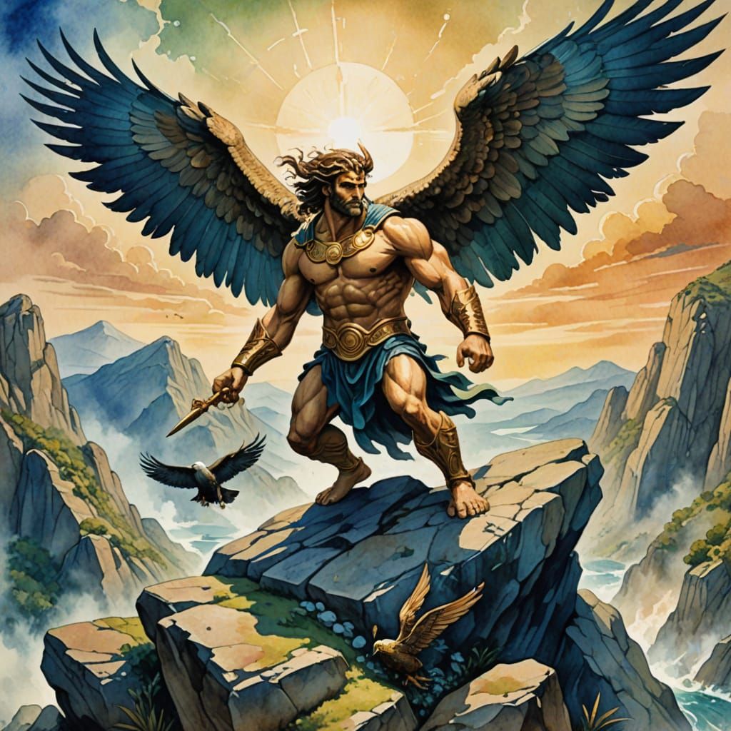 Prometheus Bound in Ancient Greek Mythology Waterc... - AI Art