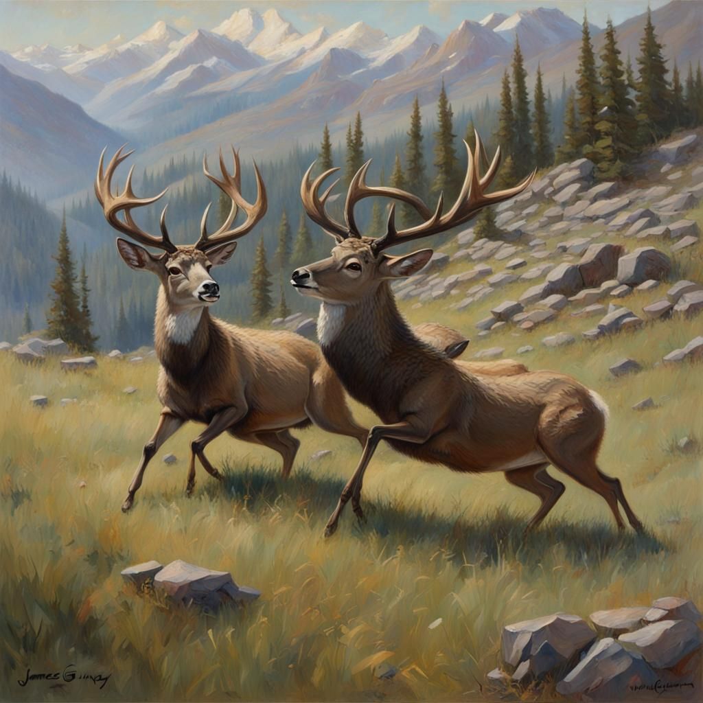 two great mule deer with their antlers locked in epic combat to the ...