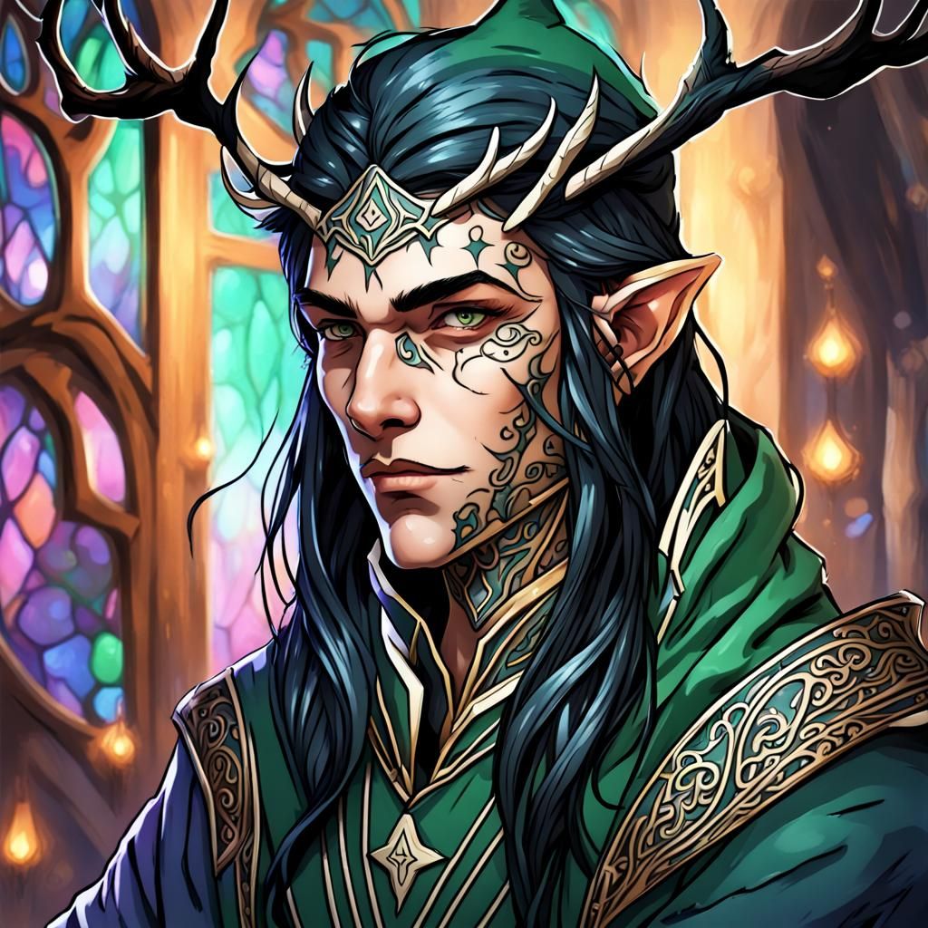 male elf wizard, amber colored skin, face tattoos, no five o clock ...