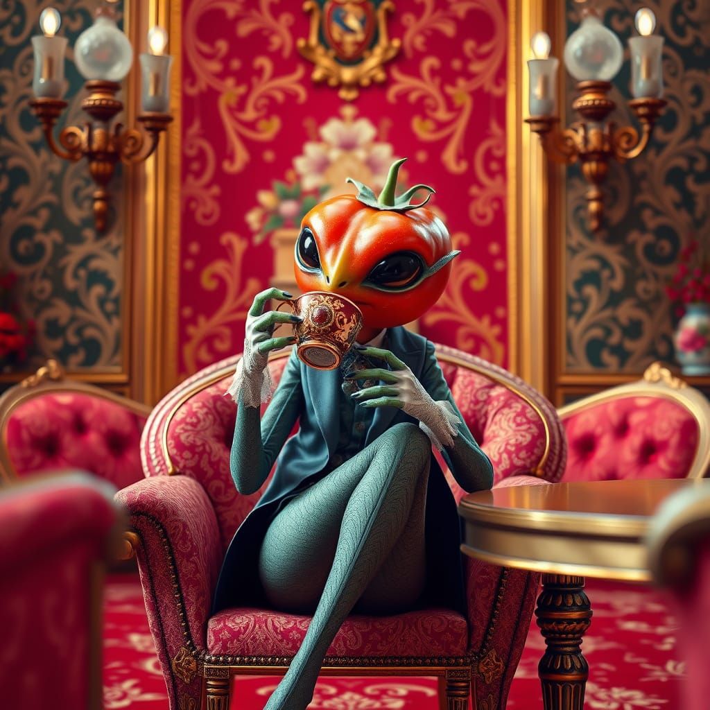 Anthropomorphic tomato-alien drinking poppy seed tea