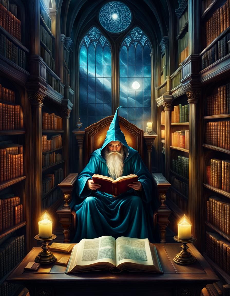 A wizard doing research in an old secret library - AI Generated Artwork ...