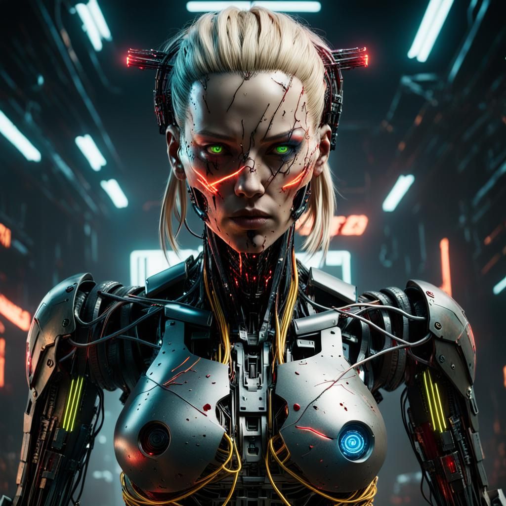 female cyborg body, bare, made of wires with a blonde female head, on a ...