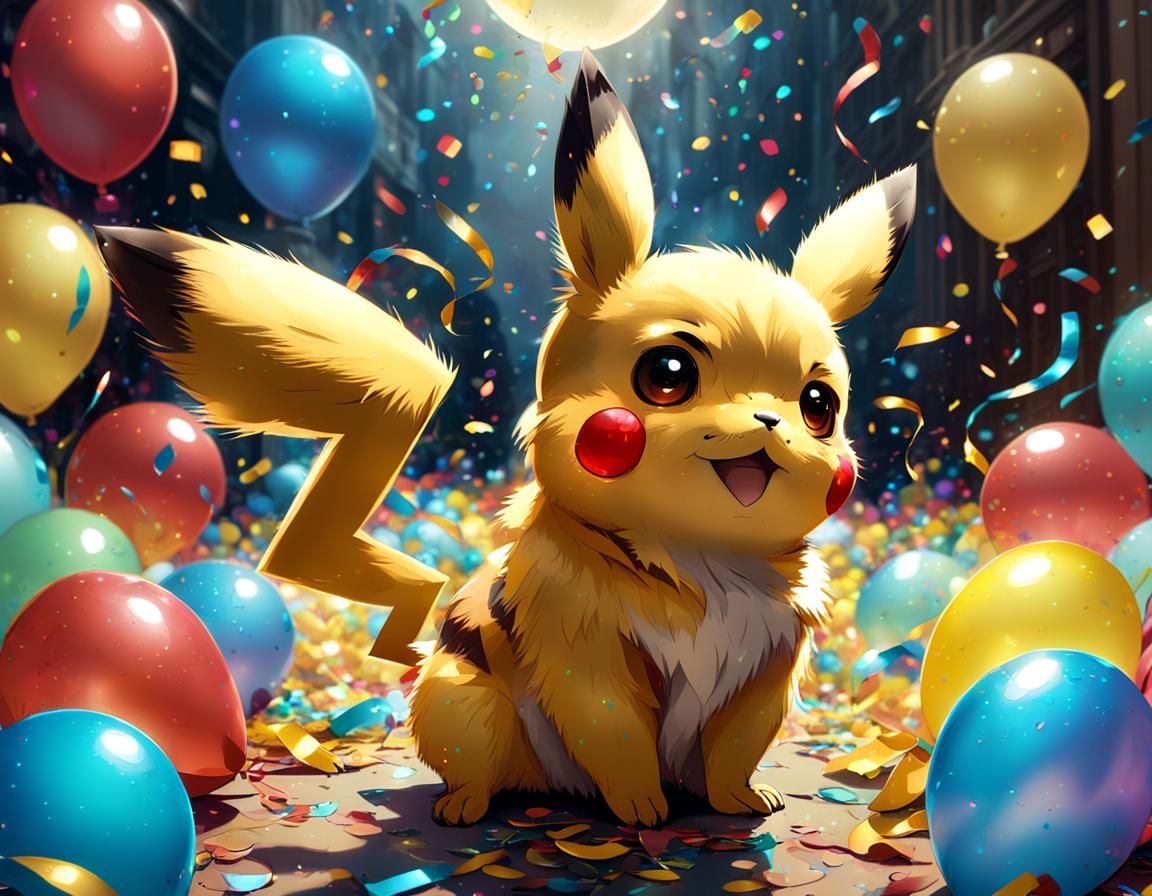 baby pikachu at a party, surrounded by colourful balloons and confetti ...