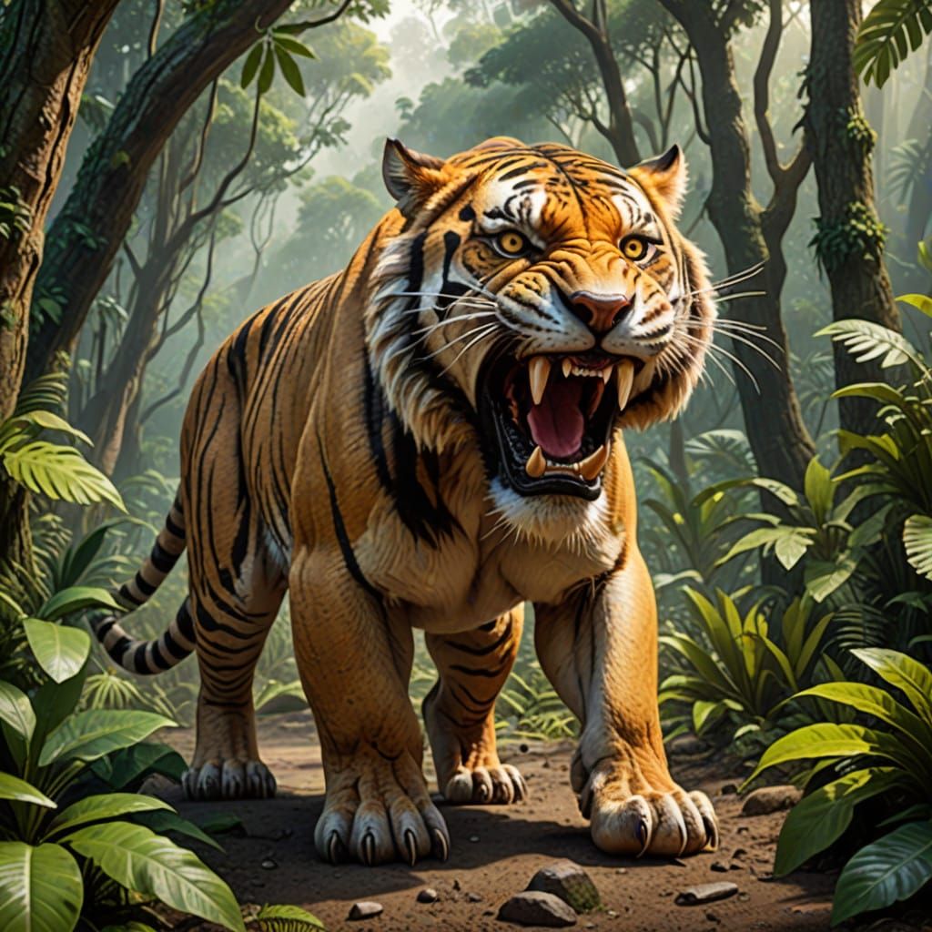 SABRE TOOTH TIGER WITH LARGE TOOTHS IN PREHISTORIC... - AI Art