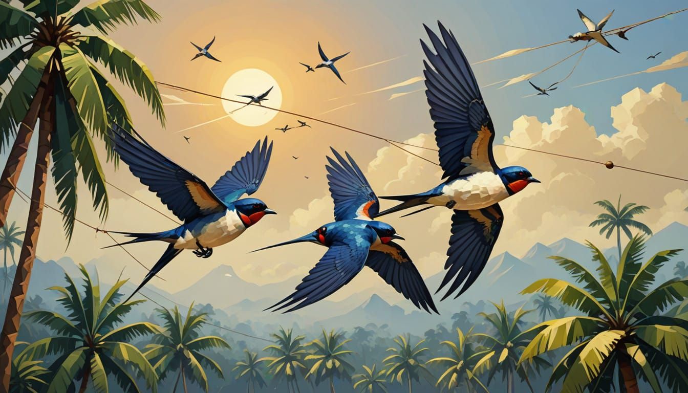 Migrating Swallows Carrying a Coconut in Radiant R... - AI Art