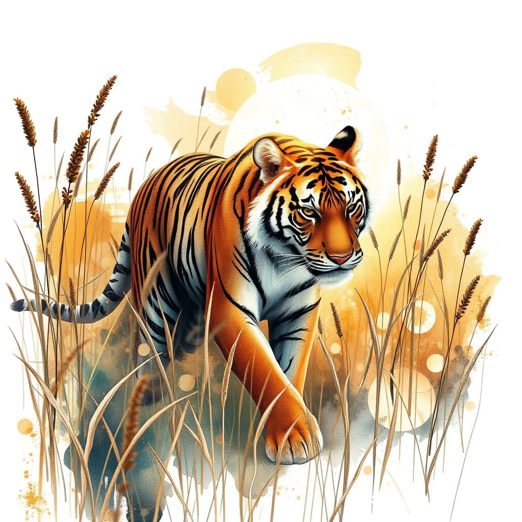 Surreal Tiger Moves through Golden Grasslands in F... - AI Art