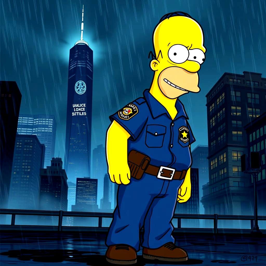 Homer Simpson, whole body image, dressed in a worn, navy blue Chicago ...