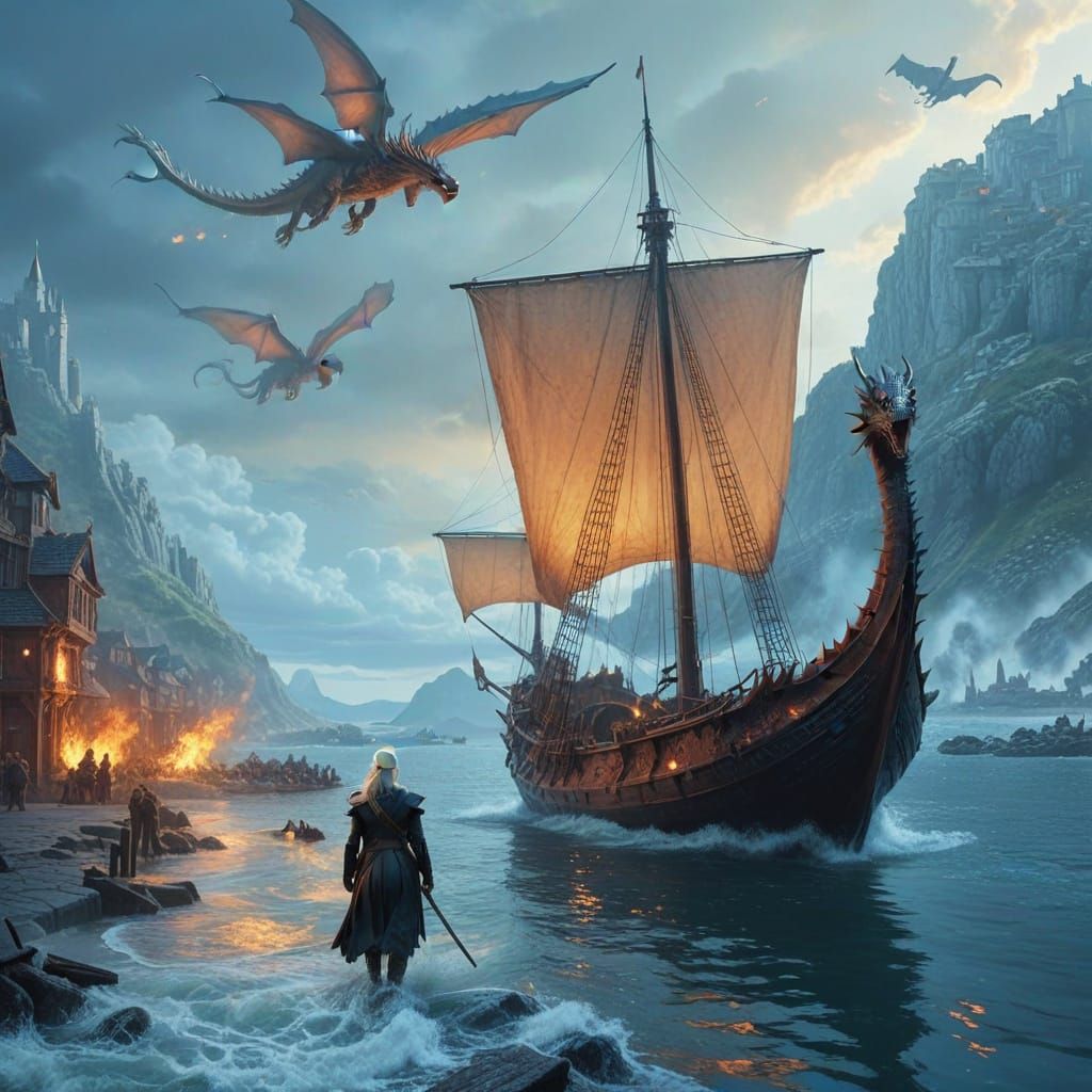 Epic Fantasy: Dragon Devastation Over a Seaside To... - AI Art