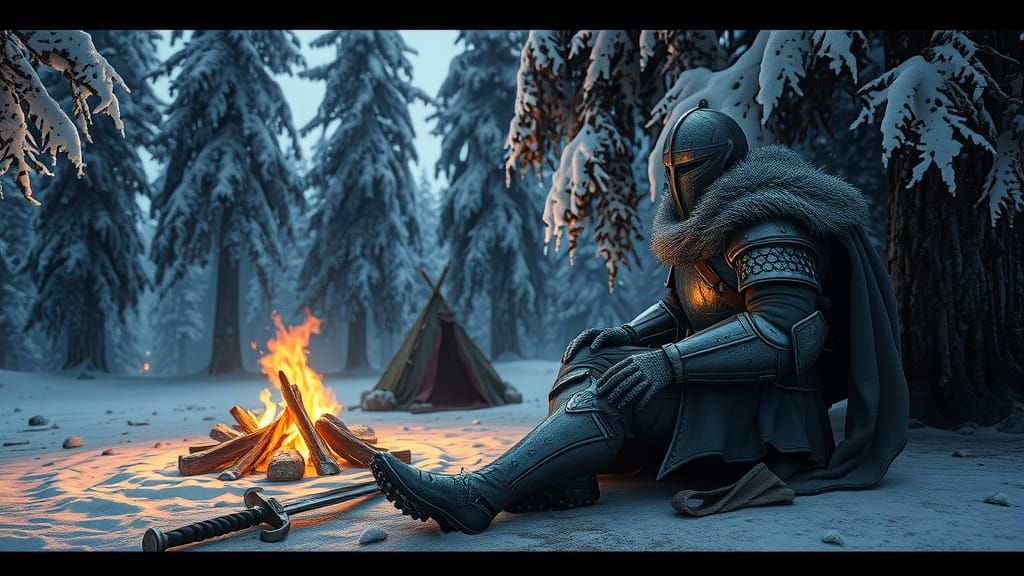 Winter camping - Weary Knight in Snowy Forest Campsite, Epic...