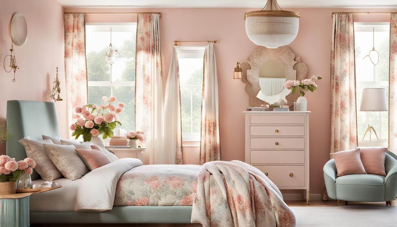 a floral bedroom, with blended hues and dreamy elements, evoking a ...