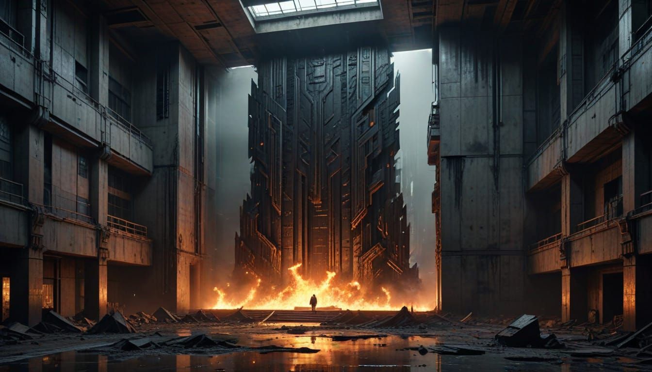 Colossal Brutalist Throne in Flames, Judge-like Fi... - AI Art