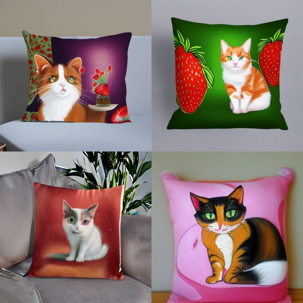 chibi calico cat sitting on a pillow eating a strawberry Amanda Sage Kelly Freas - AI Generated ...
