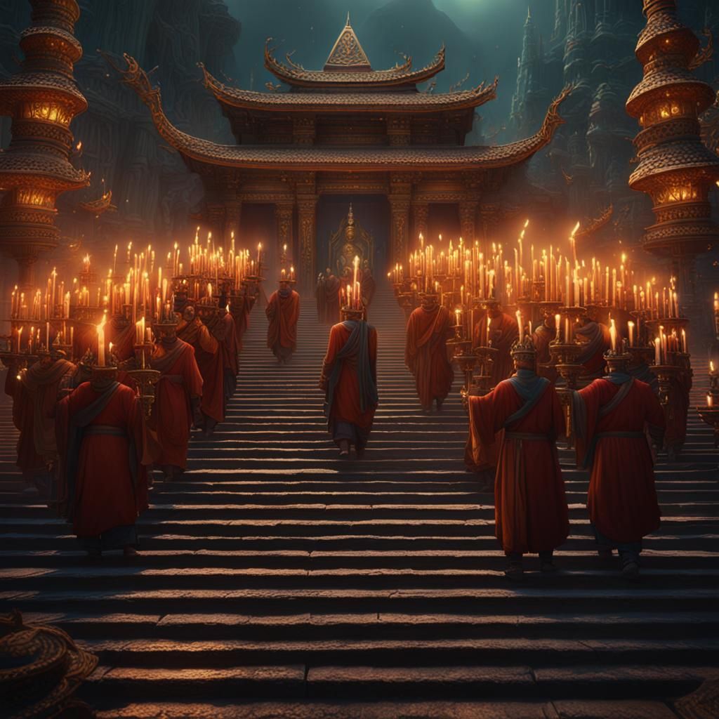 procession carrying candles into a temple detailed matte painting, deep ...