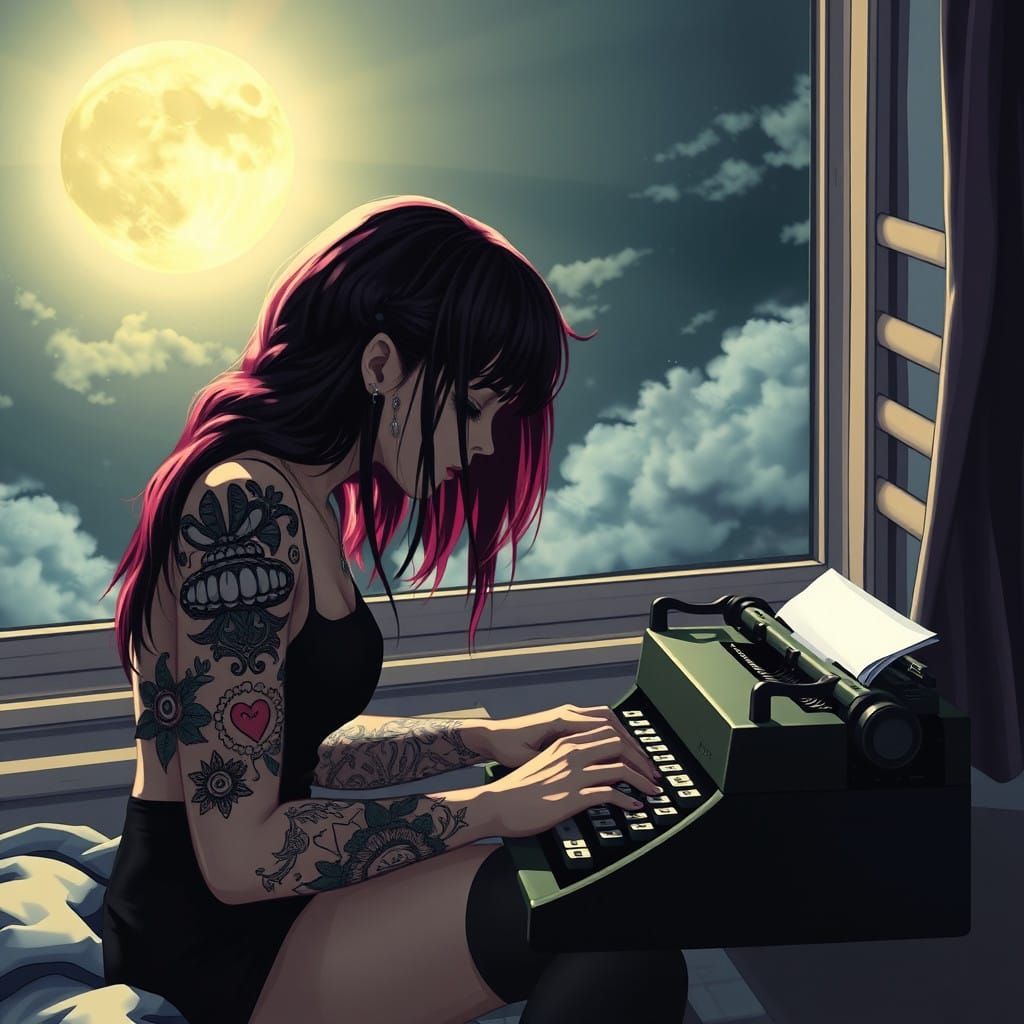 Goth Girl Under Moonlight Typing Poem - AI Art