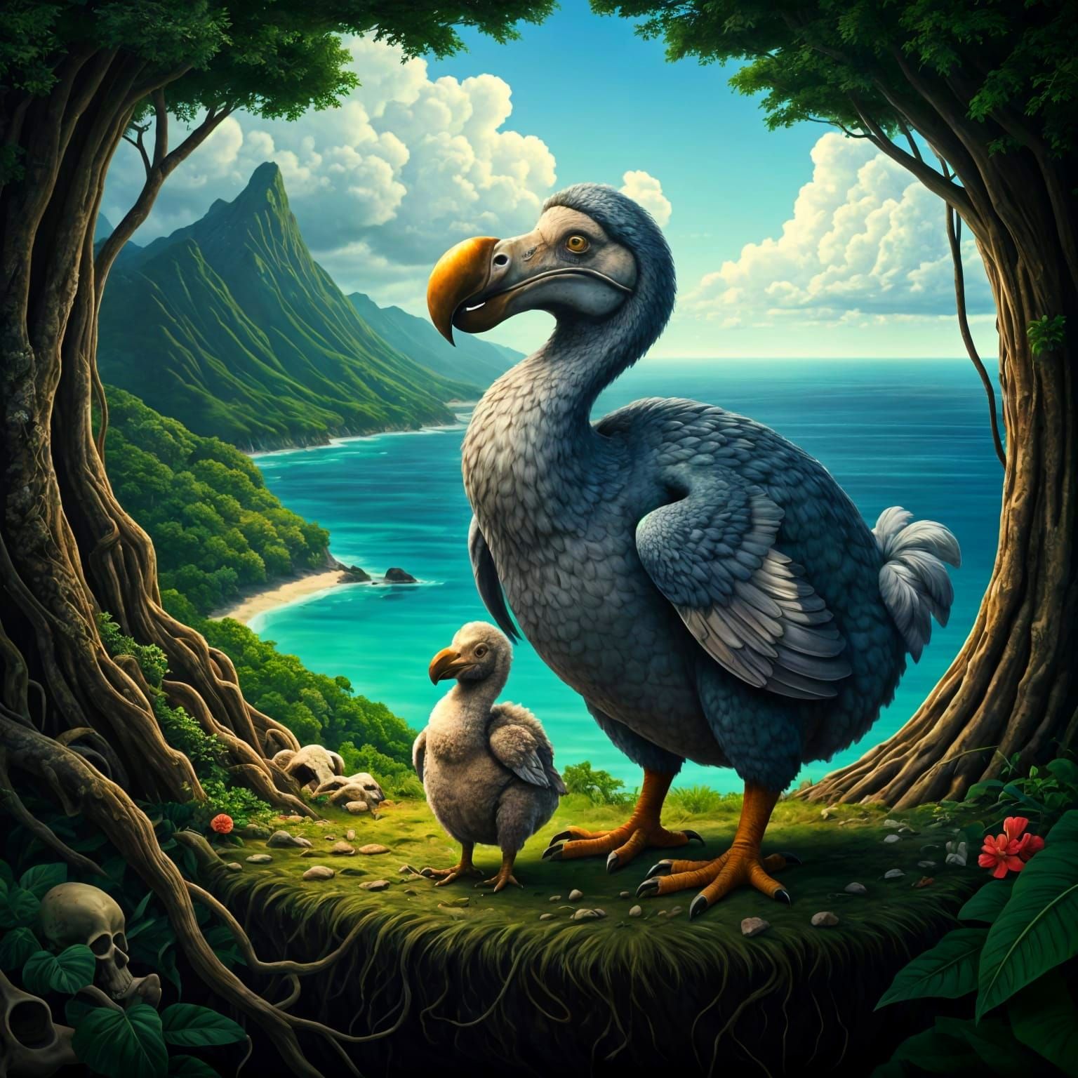 The Dodo Bird - Ancient Dodo Bird Protects Chick in Lush Tro...