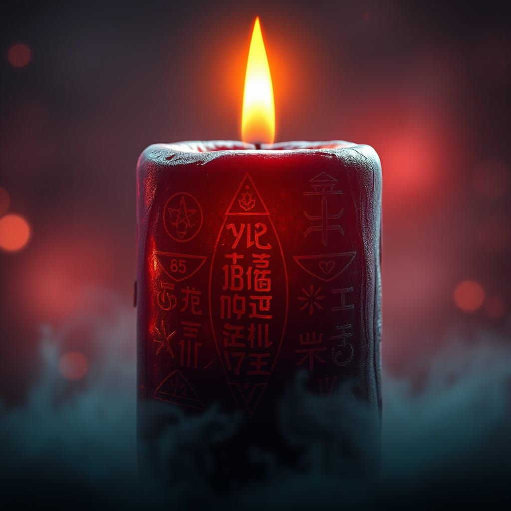 Cyberpunk-Inspired Dark Red Candle with Ancient Ru... - AI Art