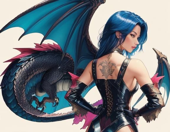 "An angel seen from back against a dragon seen from front" ink colorful drawing by Albert Aurier ...