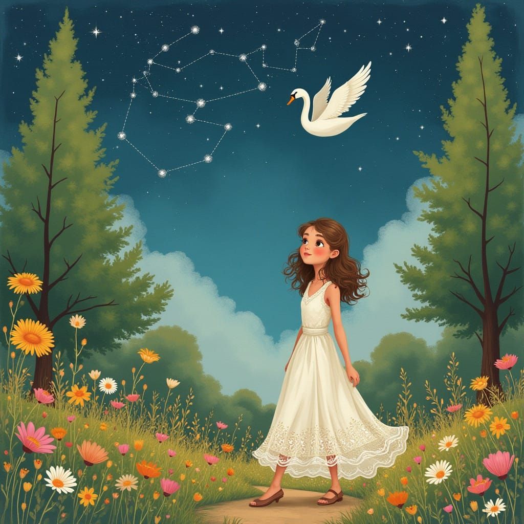 Gentle Woman Stares Up at Whimsical Swan Constella... - AI Art