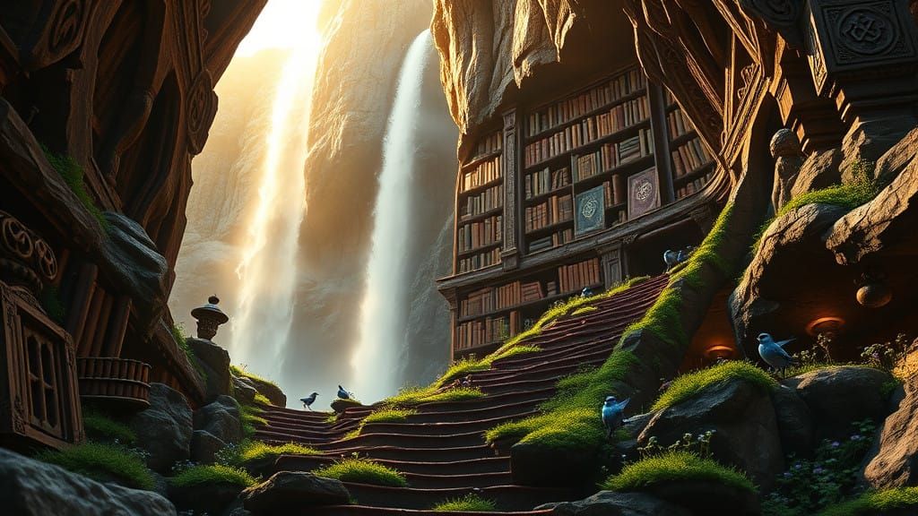 Natural Nooks: Waterfall Library - Whispers from Ancient Tom...
