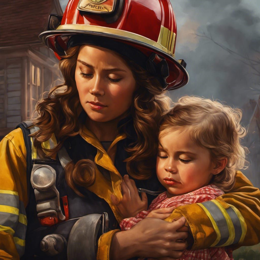 portrait of a Young woman firefighter saving a crying niña wearing ...
