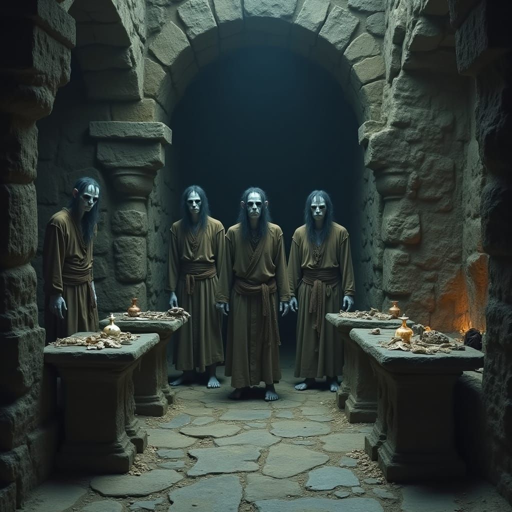 In a tomb are several dull gray blue skinned Wights with wild black ...