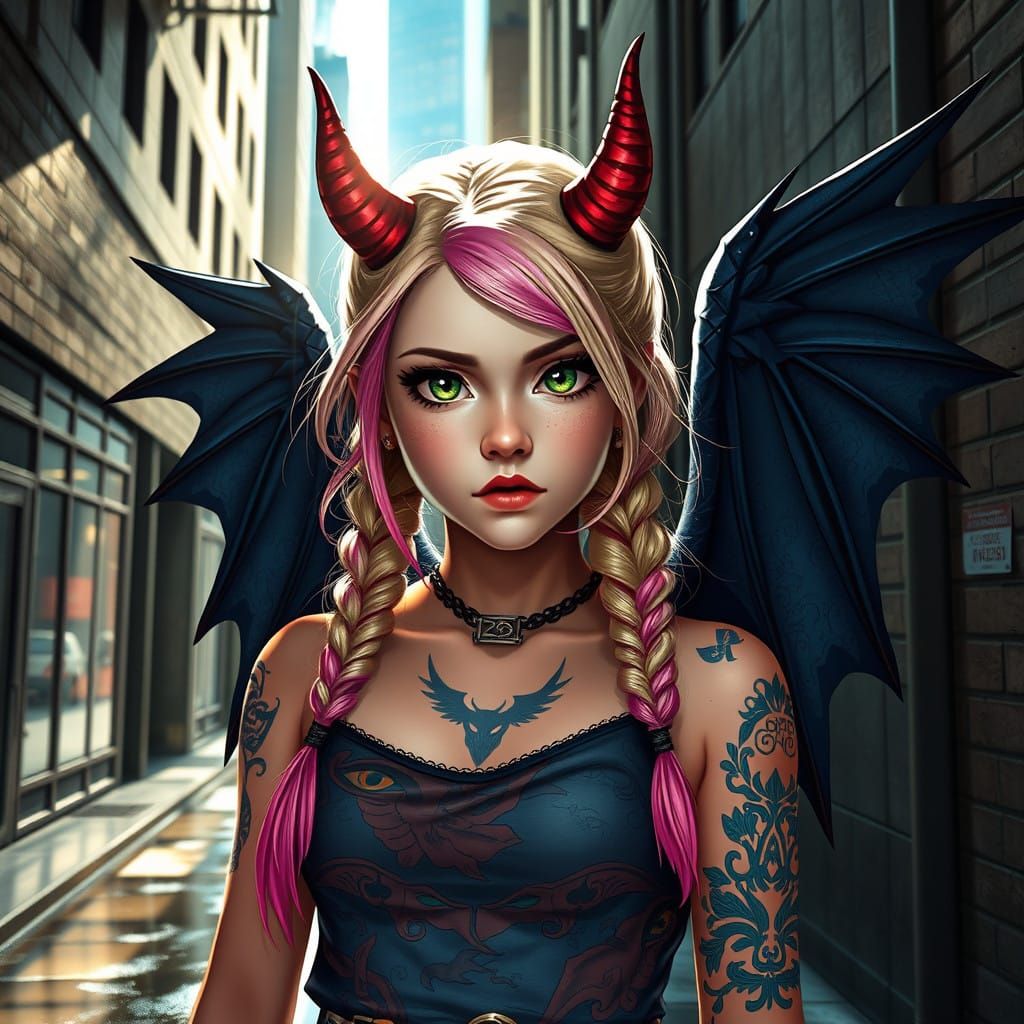 1girl, standing, incubus, blonde, pink highlights, devil wings horns ...
