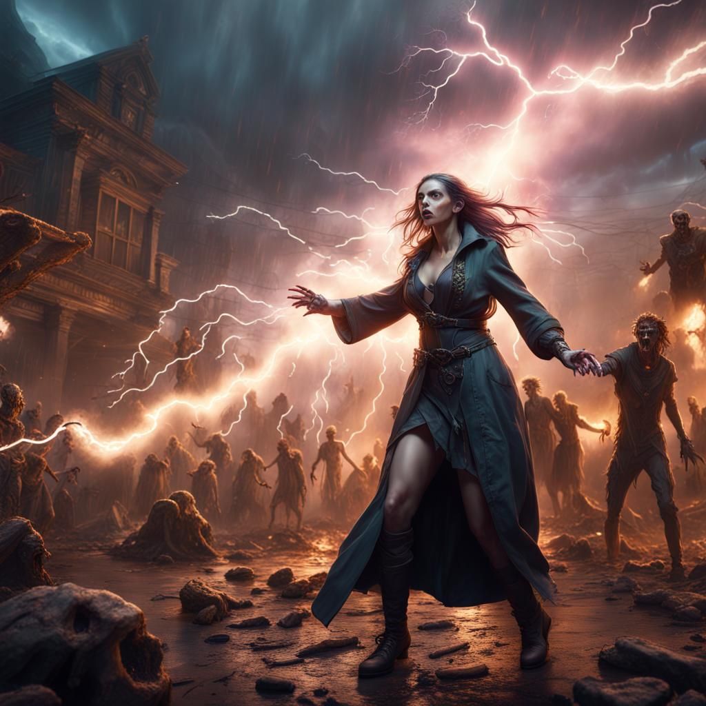 Sorceress fighting off zombies with lightning - AI Generated Artwork ...