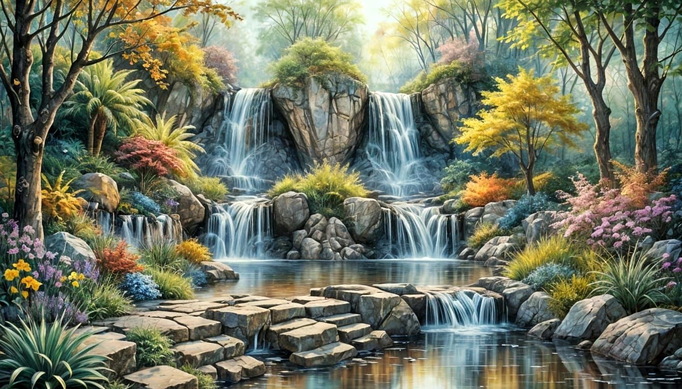 The Secret Gardens Waterfall - Vibrant Spring Garden Waterfa...