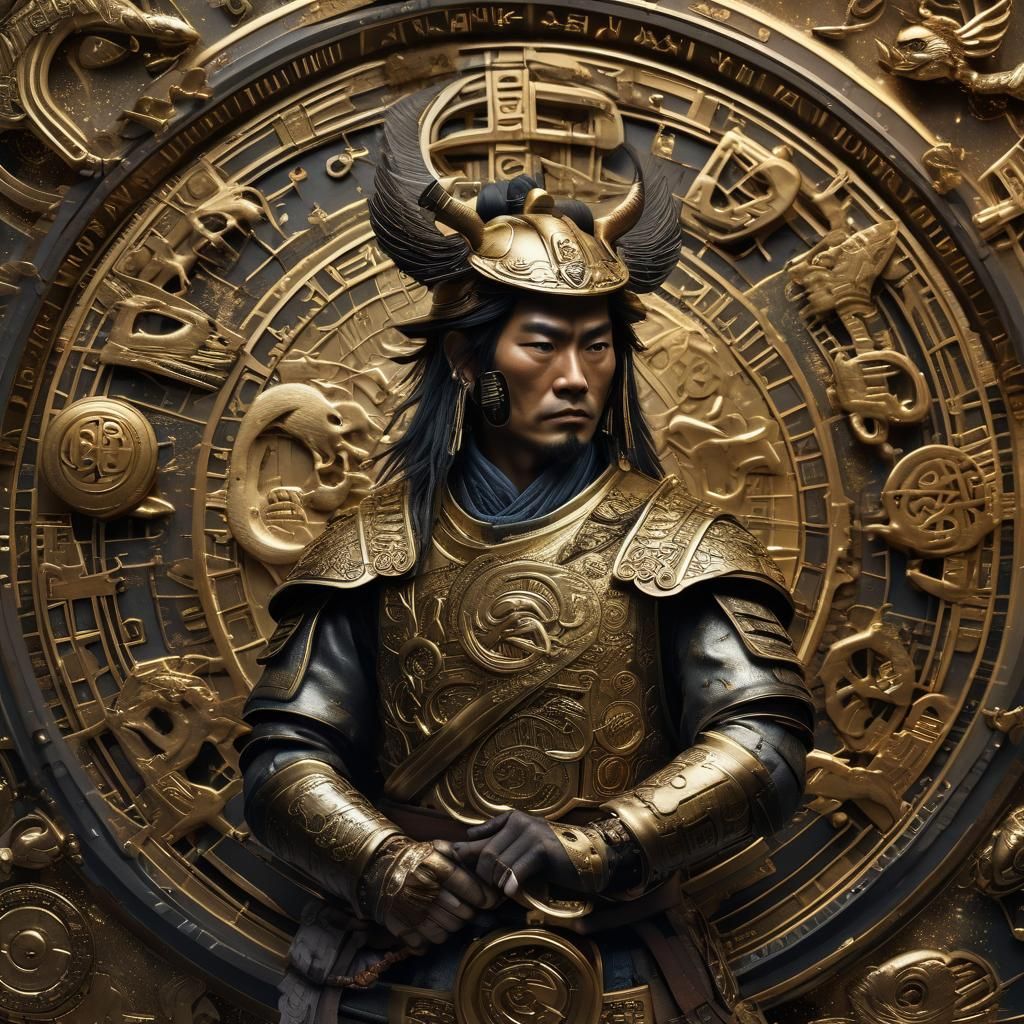 Futuristic Samurai Holds Golden Zodiac Token in Co... - AI Art