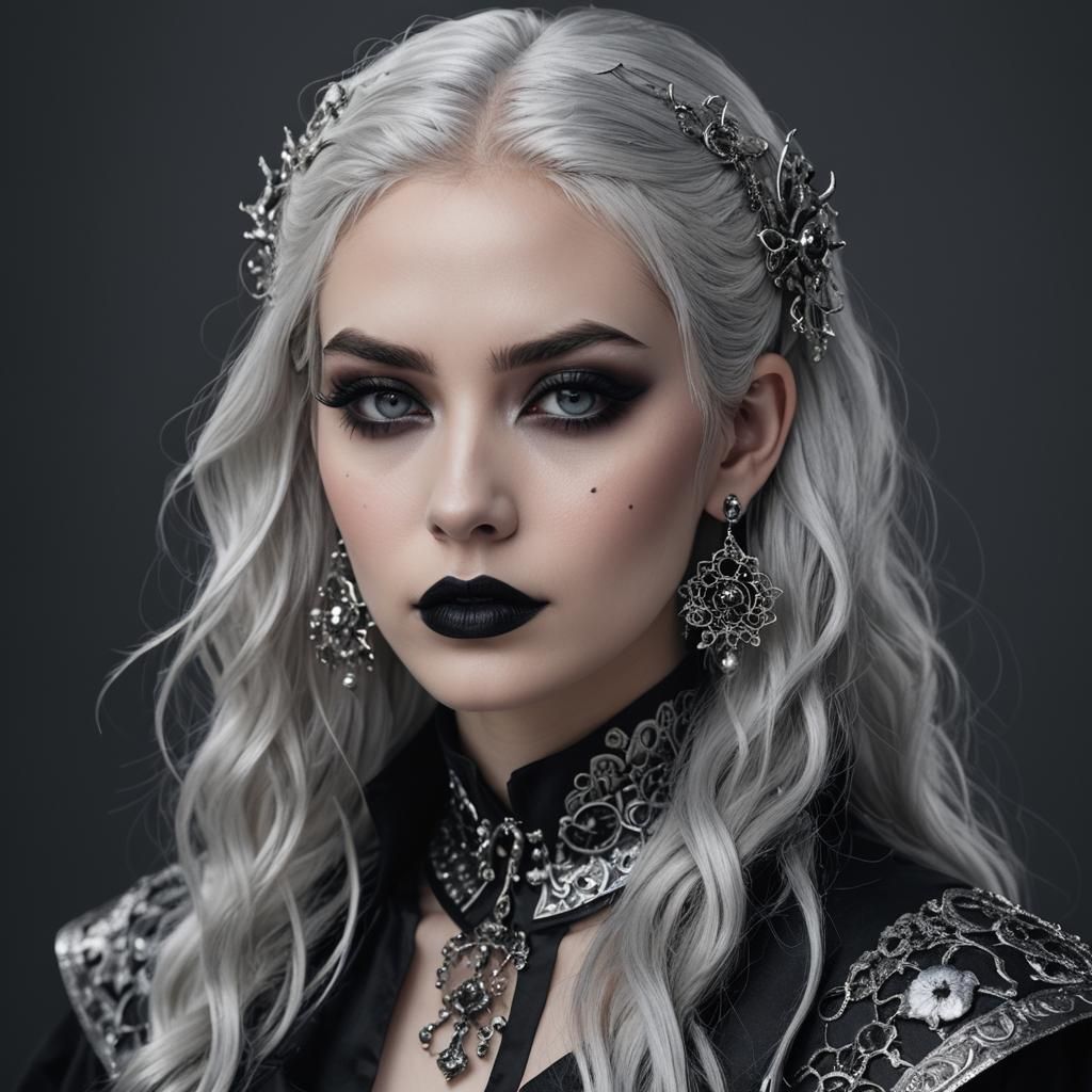 Portrait of a pretty young goth girl, black lipsticks, black eyeliners ...