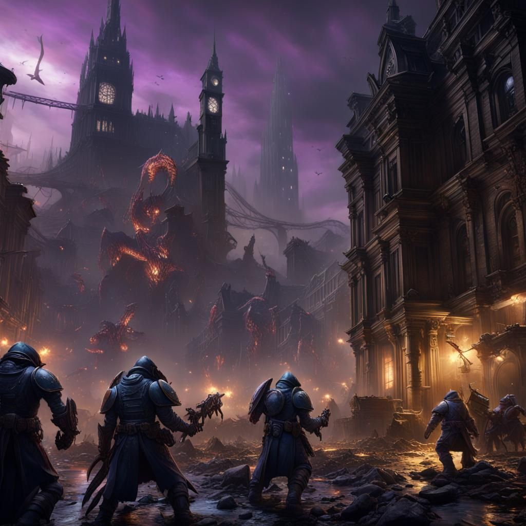 Space marines fighting Tyranids in a bloodborne-like cityscape a ...