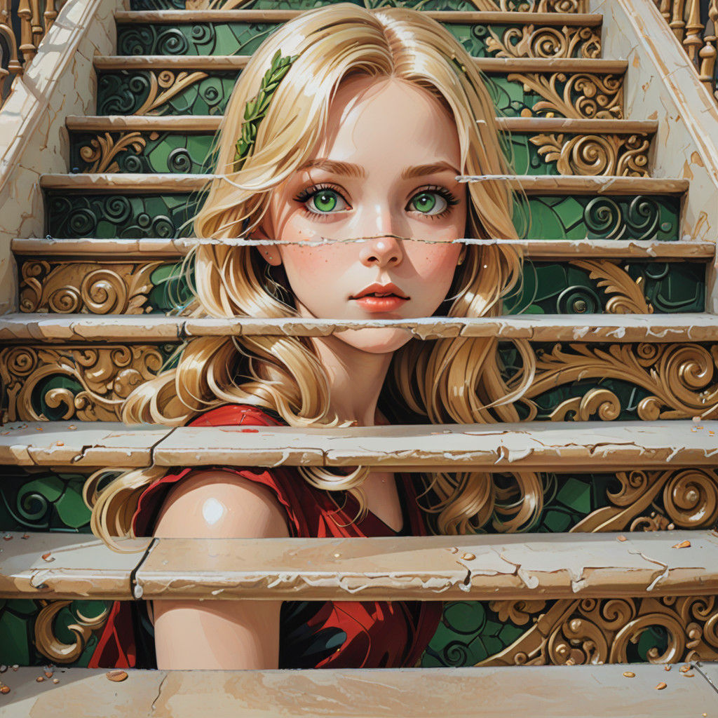 Ethereal Blonde Chibi Portrait in Staircase Trompe... - AI Art