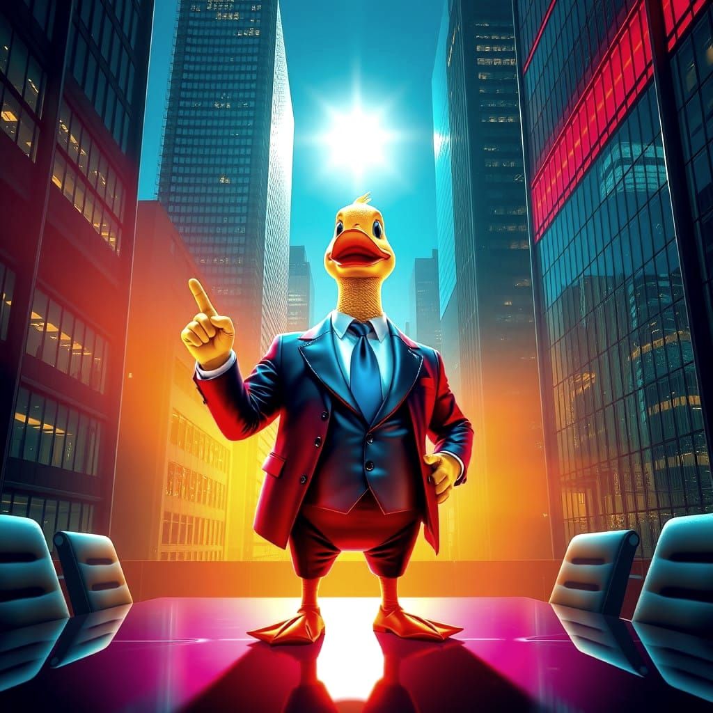 "Senator Politiduck" Humanoid duck in a suit stands up making point in ...
