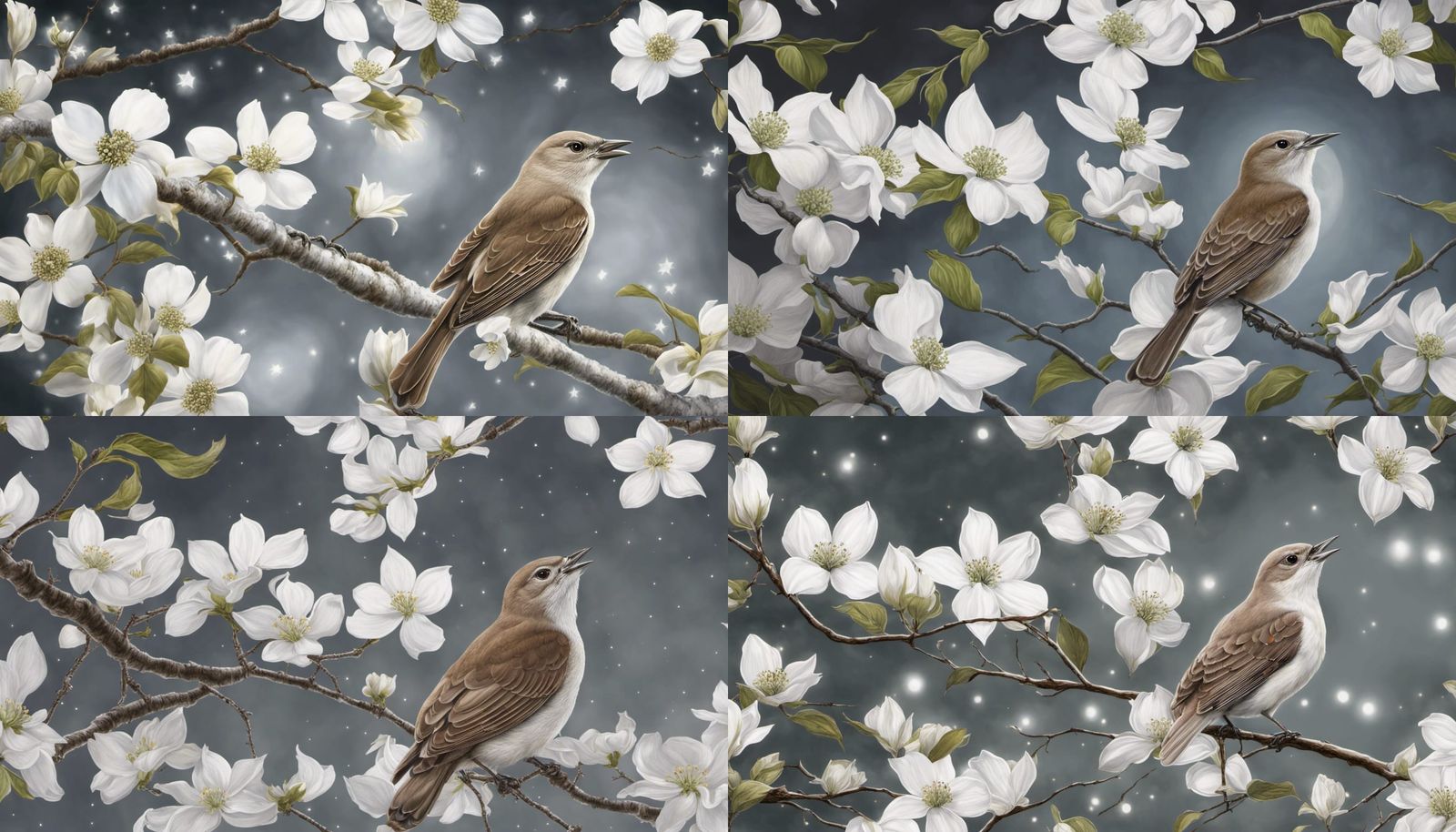 A nightingale sings for pure joy under the full Moon. Stars are shining ...