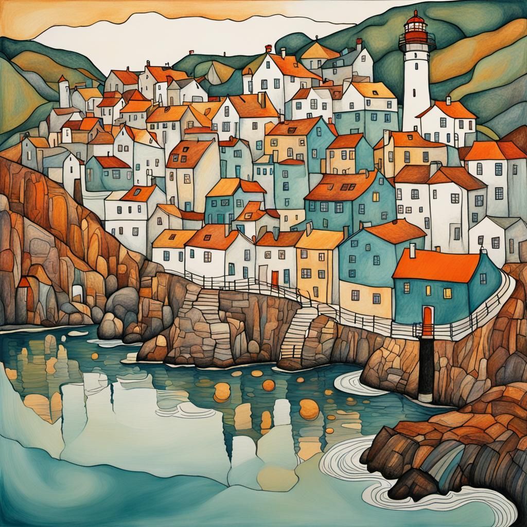 organic line drawing of a quaint city on cliffs at sea with a ...