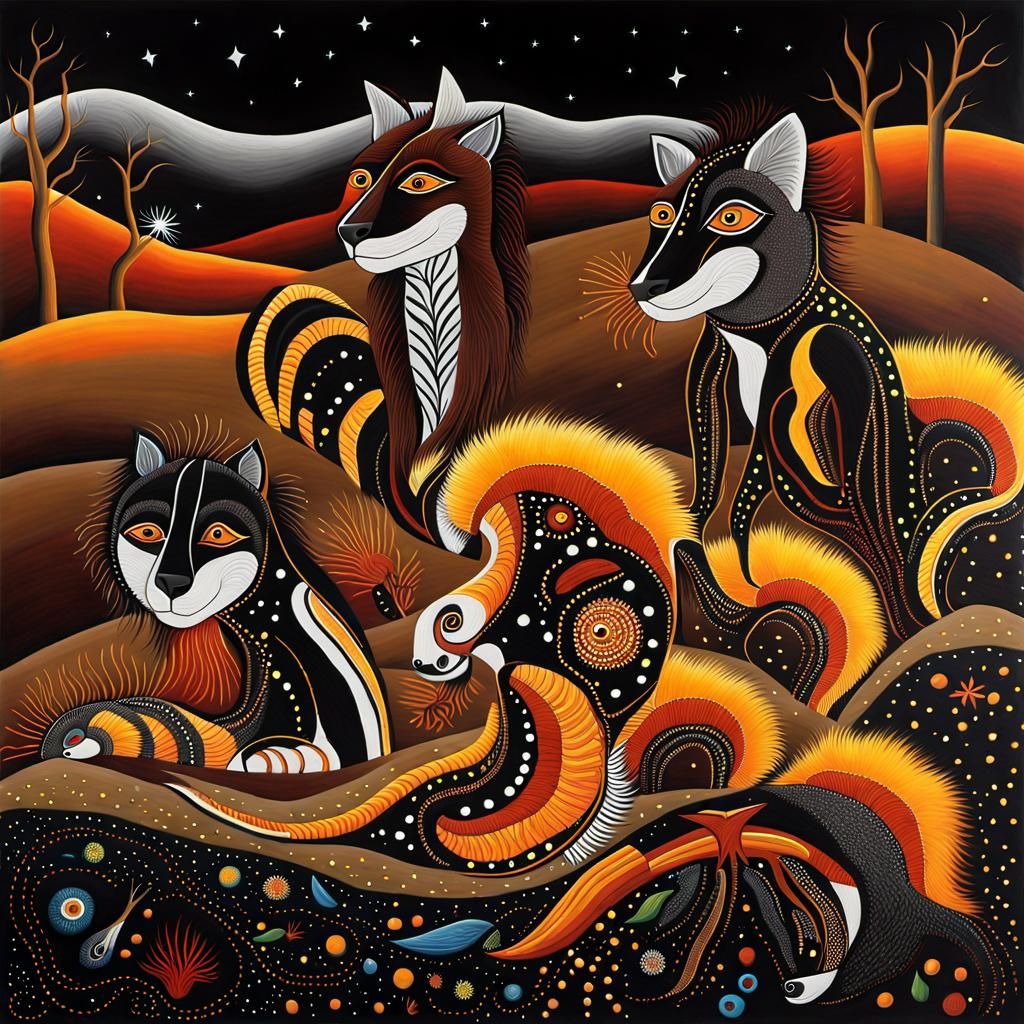 An aboriginal landscape painting in the style of dreamtime art in split ...