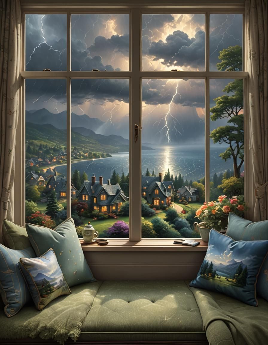 ultrarealistic, insanely detailed window seat with a view of a ...