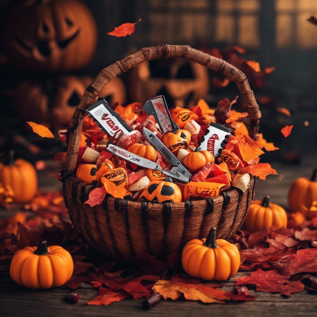 Halloween candy in pumpkin basket with razor blades poison knives and ...