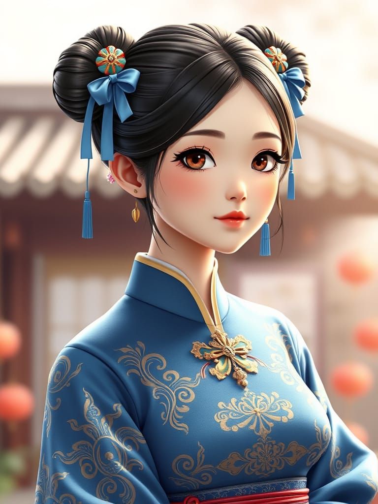 Anime Chinese Girl in Traditional Blue Dress with ... - AI Art